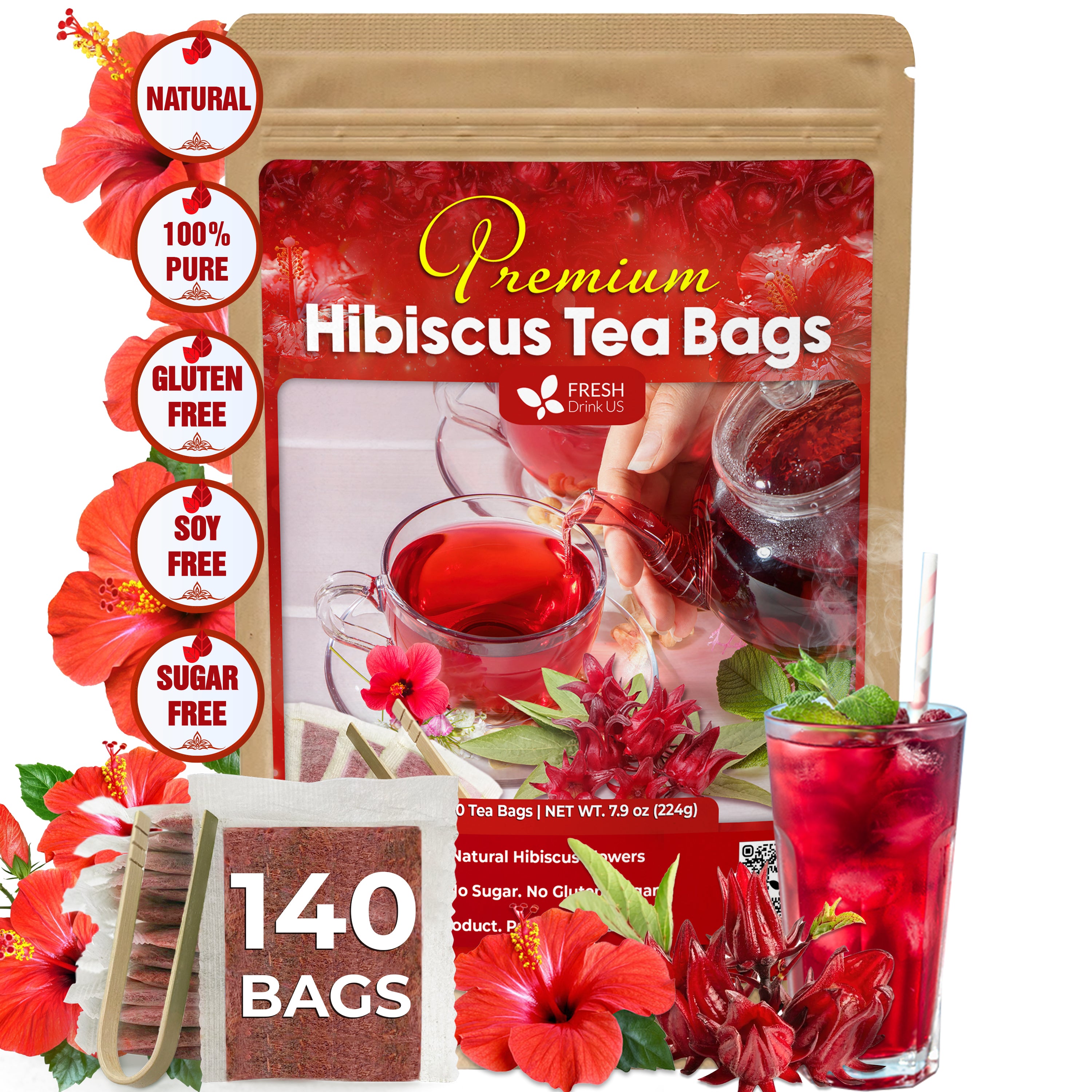 Organic Hibiscus Flowers Tea, 100% Natural, Pure from Hibiscus Flowers