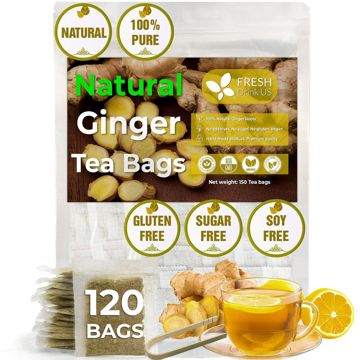 Premium Ginger Tea Bags, 100% Natural & Pure from Ginger Roots, Herbal Tea