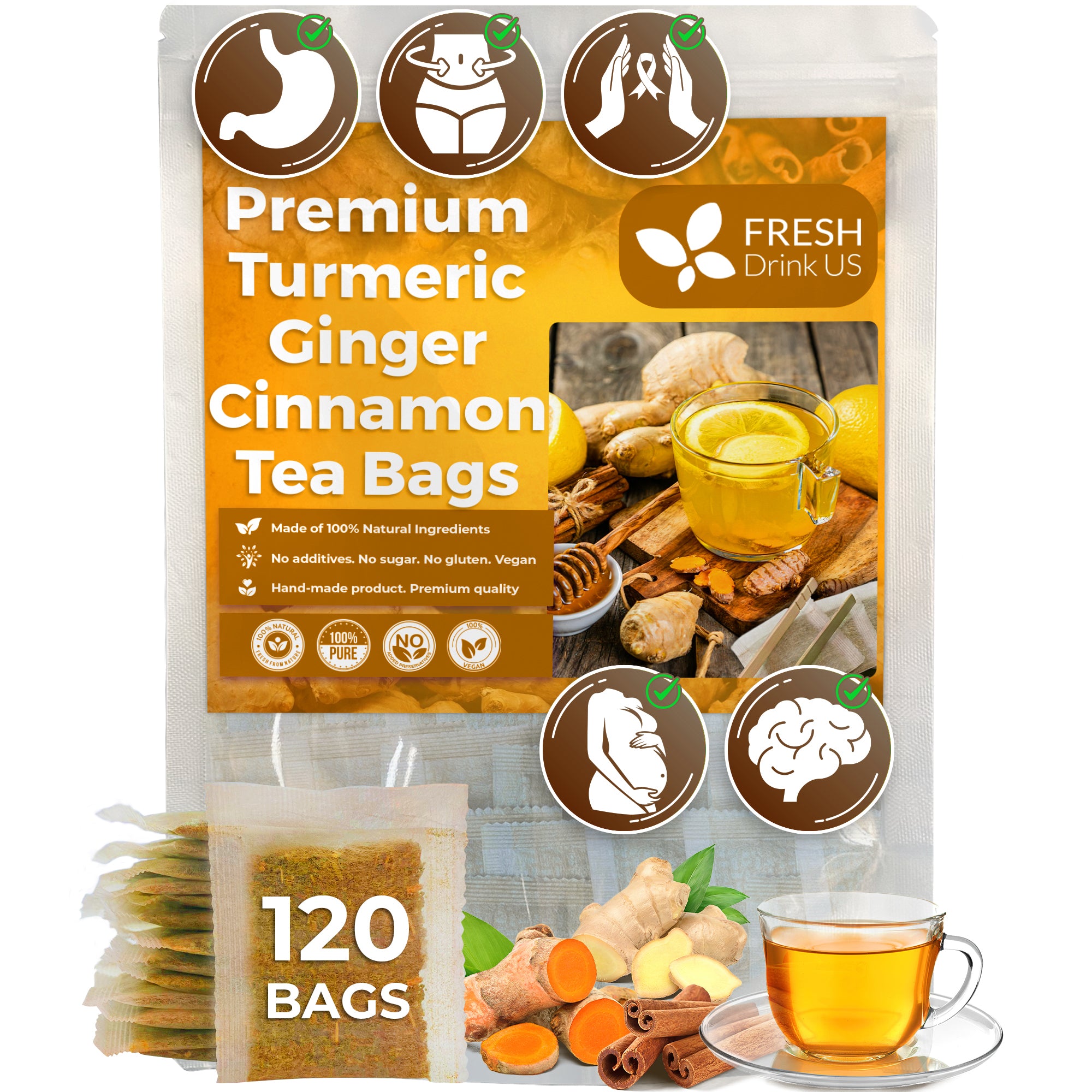 Premium Ginger Tea Bags, 100% Natural & Pure from Ginger Roots, Herbal Tea